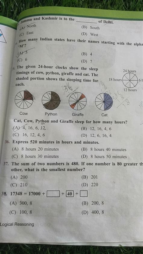 The Given 24 Hour Clocks Show The Sleep Timings Of Cow Python Giraffe A