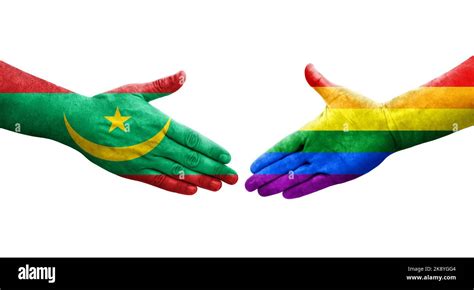 Handshake Between Lgbt And Mauritania Flags Painted On Hands Isolated