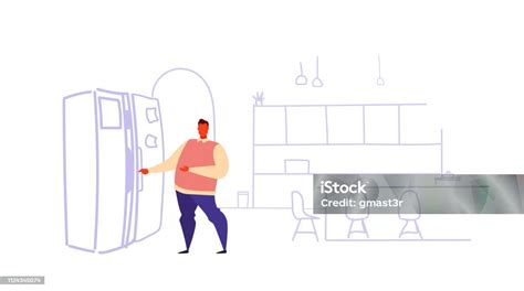 배고픈 사람이 냉장고 도어 캐주얼 남자 복용 음식 냉장고 서 현대 부엌 인테리어 스케치 낙서 수평 벡터 일러스트 레이 션에 여