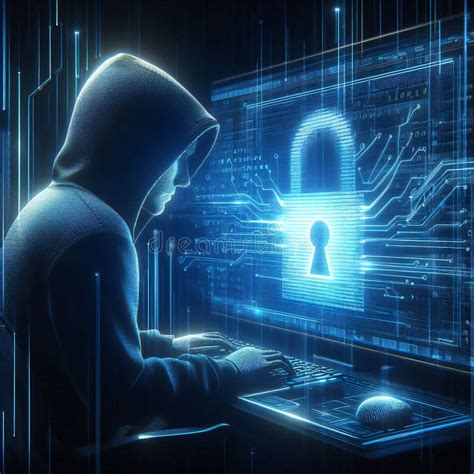 Individual Hacking On A Laptop With An Abstract Binary Code And Padlock Screen Stock