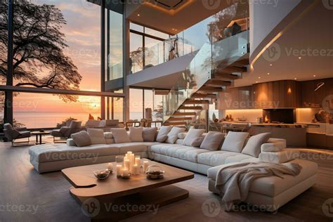 Contemporary Stylish Interior Of A Large Two Story House Large Windows