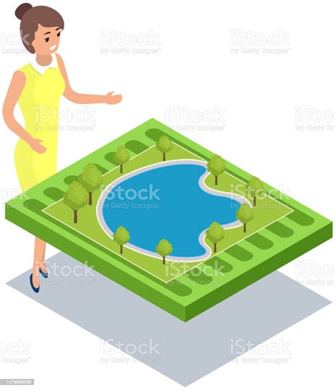 풍경의 창조적 인 레이아웃으로 일하는 여자 호수와 정원이 있는 모형 디자인 프레젠테이션 3차원 형태에 대한 스톡 벡터 아트 및 기타 이미지 3차원 형태 개념 개체