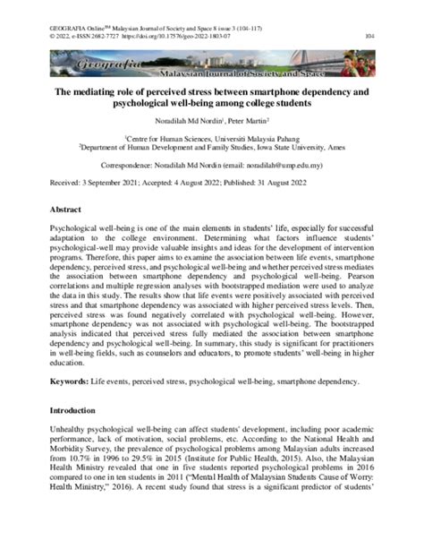 Pdf The Mediating Role Of Perceived Stress Between Smartphone Dependency And Psychological