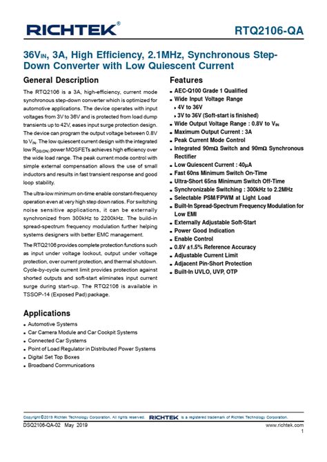 Rtq2106 Qa Datasheet Richtek Synchronous Step Down Converter
