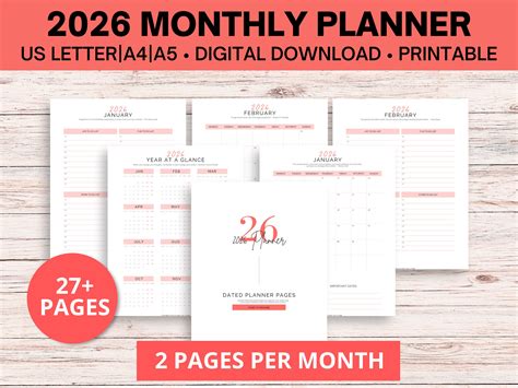2026 Monthly Calendar Printable Dated Month 2 Pages Per Month 2026