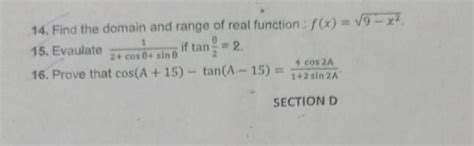 14 Find The Domain And Range Of Real Function Fx9−x2 15 Evaulate