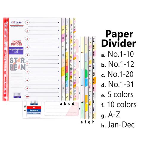 A4 Paper Index Divider 1 20 A Z Jan Dec Colors Document Divider Divider Filing Separator