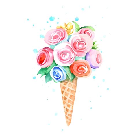 수채화 그림 아이스크림 와플 콘에는 분홍 꽃과 흰색 벡터 그림에 격리된 화려한 점이 있습니다 프리미엄 벡터