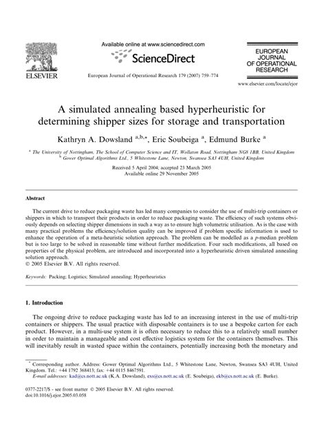 PDF A Simulated Annealing Based Hyperheuristic For Determining Shipper Sizes For Storage And