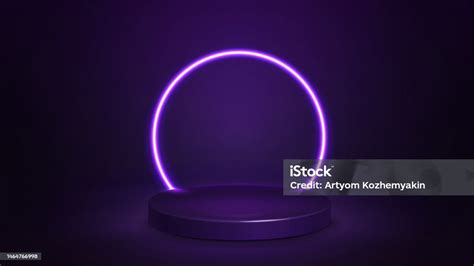 배경에 라인 네온 링이 있는 빈 보라색 연단 3d 렌더링 보라색 네온 프레임이 있는 추상적인 장면이 있는 그림 3차원 형태에
