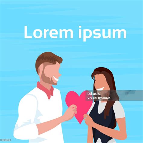 레드 심장 모양 행복 한 발렌타인 데이 휴일 축 하 개념 남자 여자에서 개최 하는 두 연인의 사랑 남성 여성 만화 캐릭터 초상화 복사 공간 플랫 2명에 대한 스톡 벡터 아트