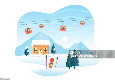 스노우 보드 손으로 그린 만화 겨울 복장에있는 사람들의 플랫 일러스트 레이 션 눈 덮인 산 옆이나 슬로프에서 스노우 보드로 슬라이딩하고 점프 겨울에 대한 스톡 벡터 아트 및