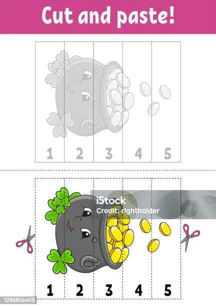 학습 번호 15 잘라 내고 접착제 만화 캐릭터 워크시트를 개발하는 교육 아이들을위한 게임 활동 페이지입니다 색상 격리 된 벡터 그림입니다 성 패트릭의 날 0명에 대한 스톡
