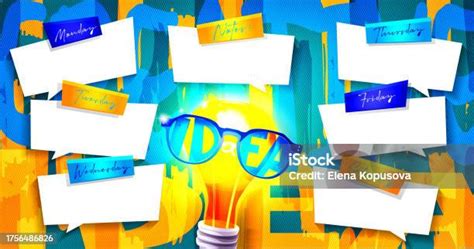 만화 스타일의 주간 계획 아이디어 개념 의인화된 불타는 전구는 추상적인 색 배경에 할 일 목록이 있는 안경에 있습니다 개념에