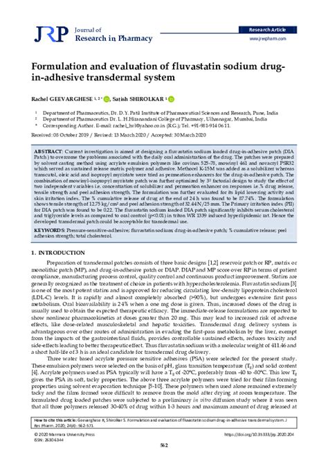 Pdf Formulation And Evaluation Of Fluvastatin Sodium Drug In Adhesive Transdermal System
