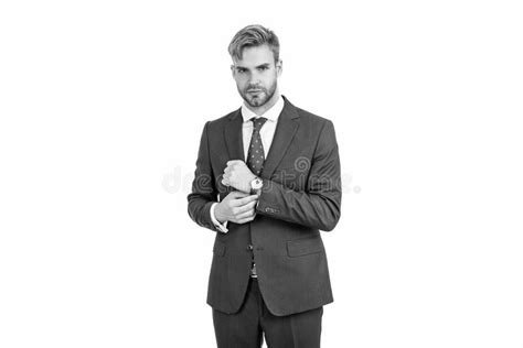 Confident Successful Businessman In Businesslike Suit And Wristwatch Isolated On White Dress