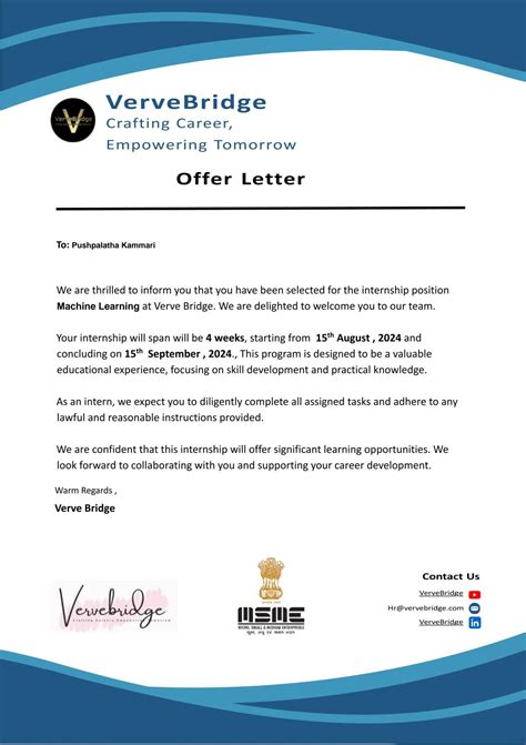 Pushpalatha Kammari On Linkedin Internship Machinelearning Vervebridge Excited