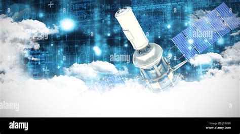 3d Image Of Modern Solar Satellite Against Clouds Over Binary Coded