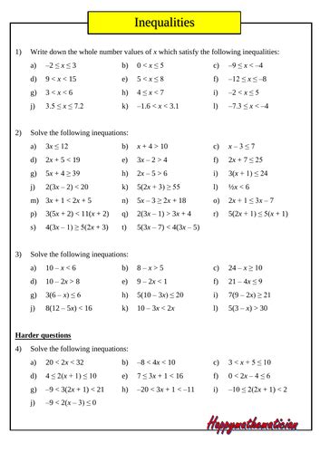 Solving Inequalities 90 Questions With Answers Teaching Resources