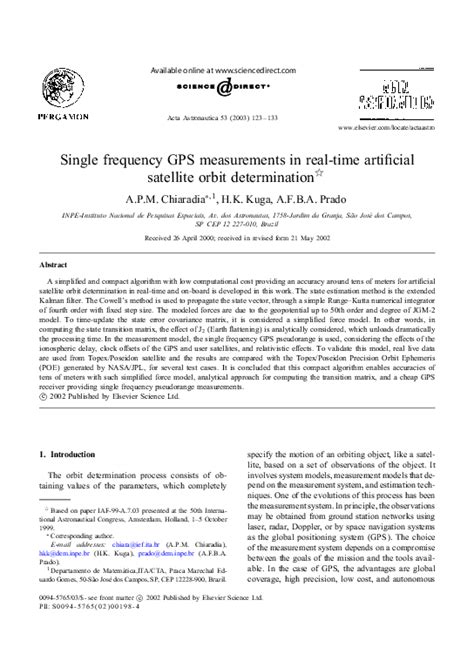 Pdf Single Frequency Gps Measurements In Real Time Artificial Satellite Orbit Determination