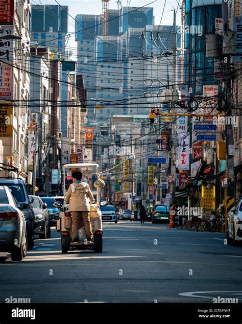 Urban Seoul City Scene 1980s Korean Buildings With Overhead Power