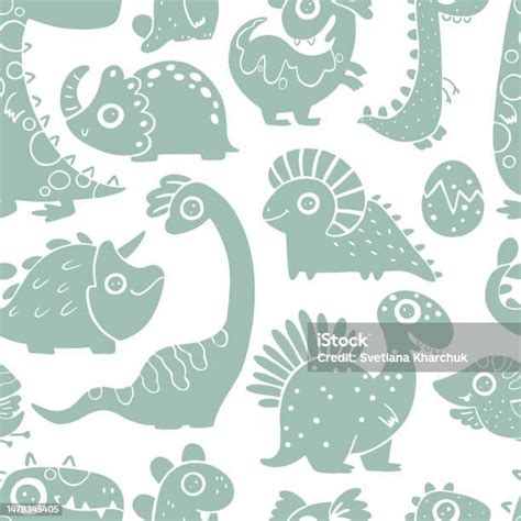 공룡 완벽 한 패턴입니다 간단한 스칸디나비아 리노컷 스타일의 큰 눈을 가진 손으로 그린 만화 공룡 캐릭터 벡터 그림입니다 흰색 배경에 성 중립적인 파란색 단색 0명에 대한