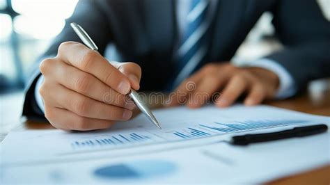 Close Up Of Business Man Analyzing Financial Data Graphs Stock
