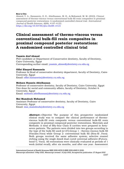 Pdf Clinical Assessment Of Thermo Viscous Versus Conventional Bulk Fill Resin Composites In