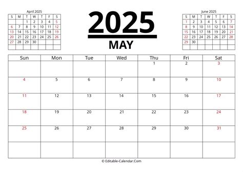 Download May 2025 Printable Calendar With Previous And Next Month Weeks Start On Sunday