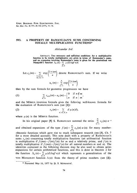 Pdf A Property Of Ramanujans Sums Concerning Totally Multiplicative Functions