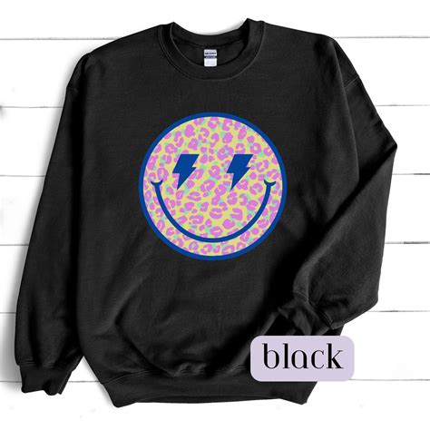 Oversized Smiley Face Leopard Print Lightning Bolt Sweatshirt Smiley