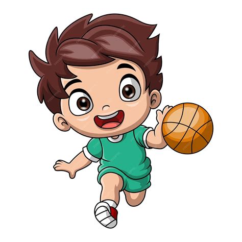 El Lindo Niño De Dibujos Animados Jugando Al Baloncesto Vector Premium