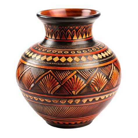 Handcrafted Orange And Black Pottery Vase With Intricate Geometric And