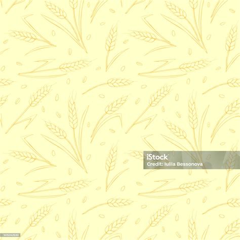 Wheat Golden Spikelets And Grains Vector Yellow Seamless Pattern In