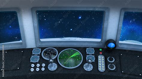 Cockpit Of Retro Ufo Spaceship In Deep Space Vintage Spacecraft Flying