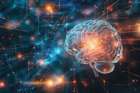 A luminous digital brain illustration with neural pathways and connections illuminated ...