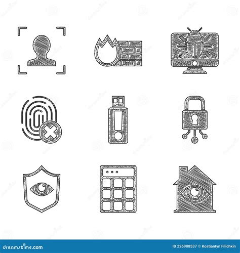 Set Usb Flash Drive Password Protection House With Eye Scan Cyber Security Shield And