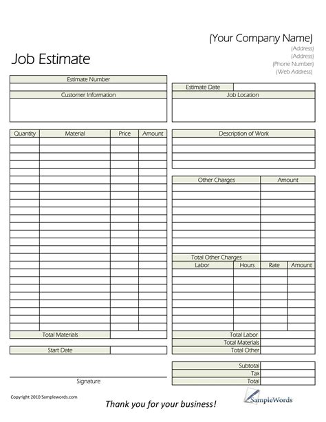 Free Printable Estimates Templates Excel Word