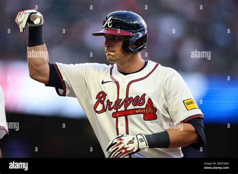 Atlanta Braves Austin Riley Reacts After Hitting A Single In The