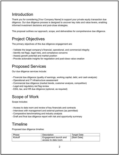 Private Equity Due Diligence Proposal Free Template