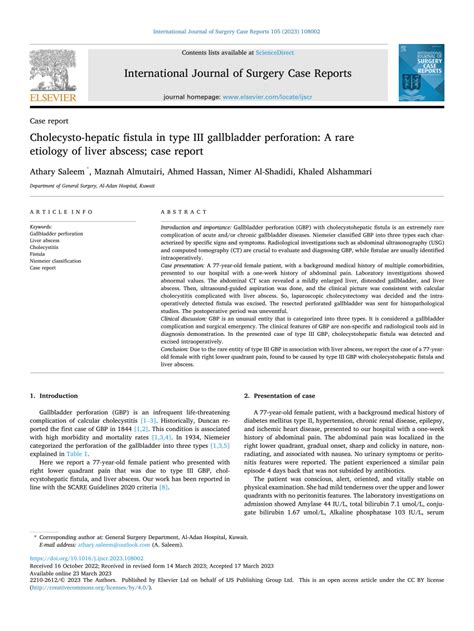 Pdf Cholecysto Hepatic Fistula In Type Iii Gallbladder Perforation A Rare Etiology Of Liver