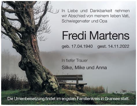 Traueranzeigen von Fredi Martens Märkische Onlinezeitung Trauerportal