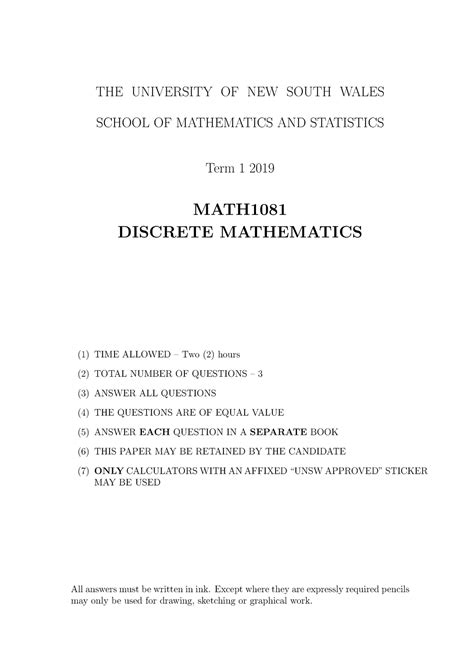 2019 Term 1 Math1081 The University Of New South Wales School Of