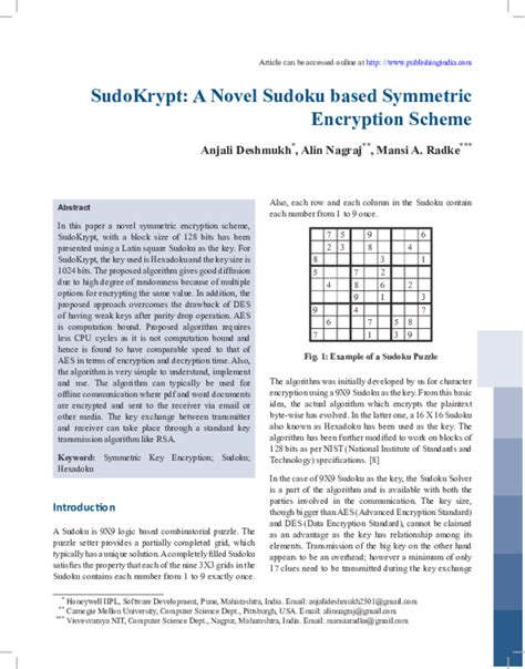 Pdf Sudokrypt A Novel Sudoku Based Symmetric Encryption Schemepdf