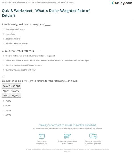 Quiz And Worksheet What Is Dollar Weighted Rate Of Return