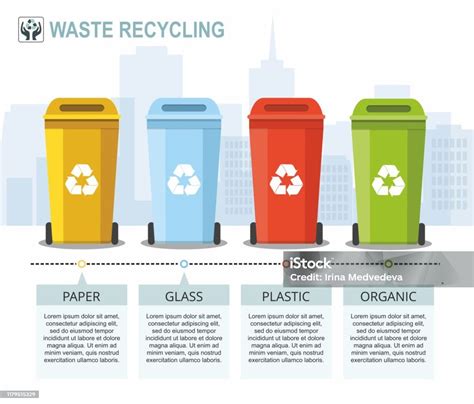 도시 배경에 쓰레기의 다른 유형을 재활용 쓰레기통 플라스틱 유기 전자 폐기물 유리 종이를 정렬합니다 개념에 대한 스톡 벡터 아트 및 기타 이미지 Istock