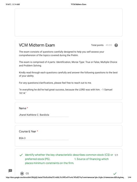 vcm midterm exam pdf multiple choice stocks