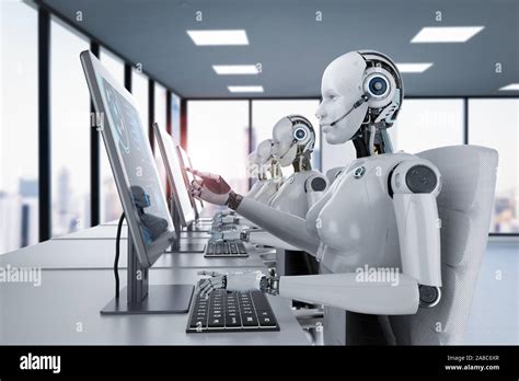 Automation Worker Concept With 3d Rendering Group Of Female Cyborgs Or Robots Work On Desktop