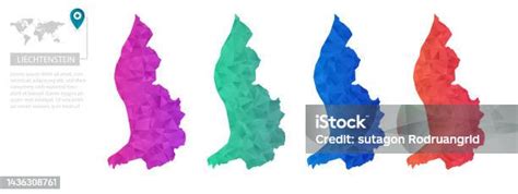 벡터 다각형 리히텐슈타인 지도 세트 낮은 폴리 스타일의 국가의 밝은 그라데이션 지도 인포그래픽을 위한 기하학적 스타일의 여러
