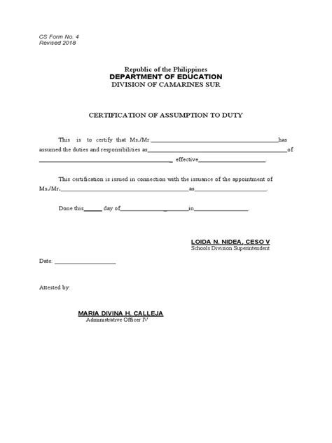 Cs Form 4 Assumption To Duty Pdf